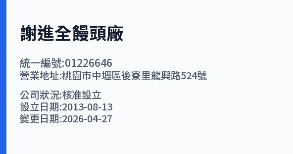 謝進全饅頭廠的照片-統編 01226646(桃園市) 公司登記資料與營業項目詳細圖表