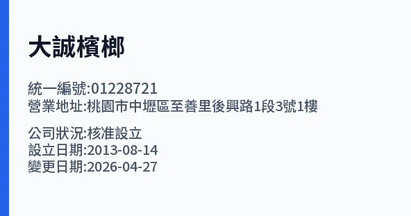 大誠檳榔的照片-統編 01228721(桃園市) 公司登記資料與營業項目詳細圖表