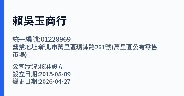 賴吳玉商行的照片-統編 01228969(新北市) 公司登記資料與營業項目詳細圖表