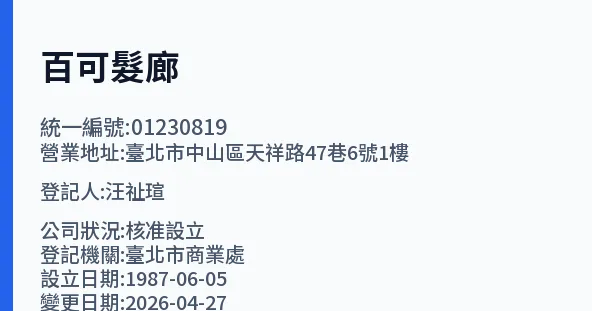 百可髮廊的照片-統編 01230819(臺北市) 公司登記資料與營業項目詳細圖表