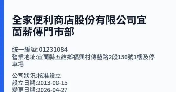 全家便利商店股份有限公司宜蘭薪傳門市部的照片-統編 01231084(宜蘭縣) 公司登記資料與營業項目詳細圖表