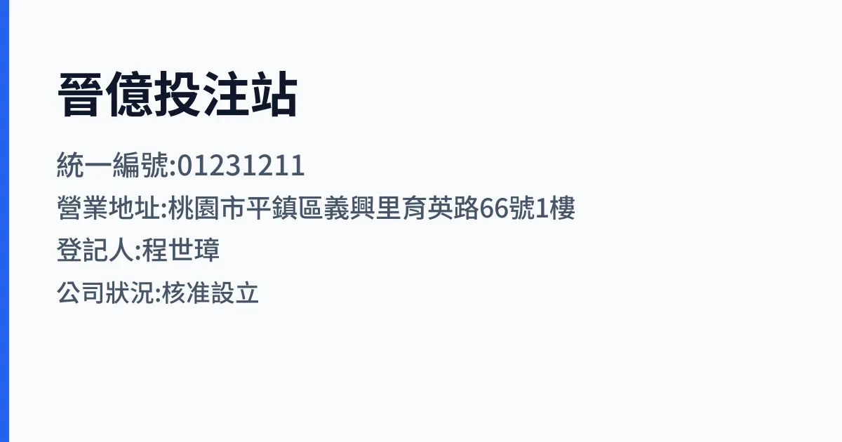 晉億投注站 - 統編 01231211(桃園市) 公司登記資料與營業項目詳細圖表