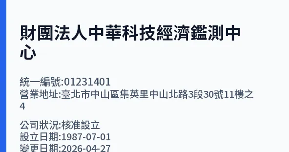 財團法人中華科技經濟鑑測中心的照片-統編 01231401(臺北市) 公司登記資料與營業項目詳細圖表