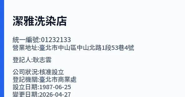潔雅洗染店的照片-統編 01232133(臺北市) 公司登記資料與營業項目詳細圖表