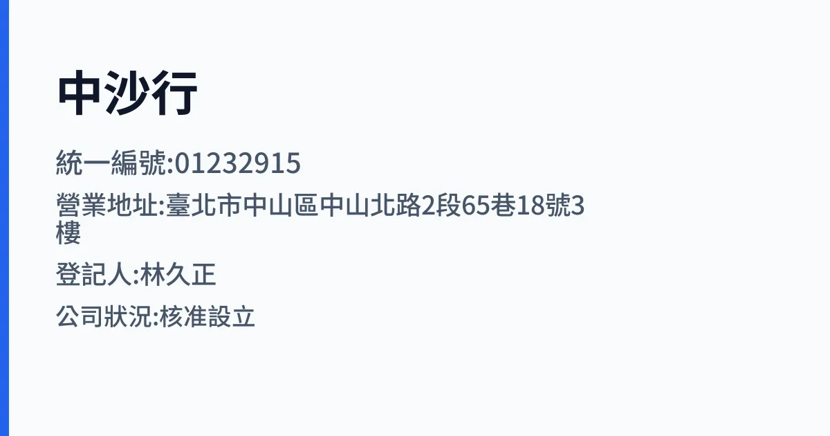 中沙行 - 統編 01232915(臺北市) 公司登記資料與營業項目詳細圖表