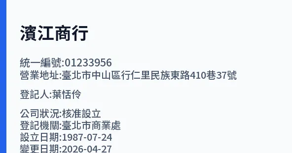 濱江商行的照片-統編 01233956(臺北市) 公司登記資料與營業項目詳細圖表