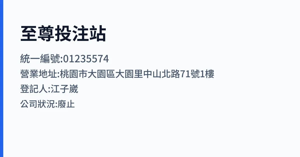 至尊投注站 - 統編 01235574(桃園市) 公司登記資料與營業項目詳細圖表