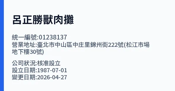 呂正勝獸肉攤的照片-統編 01238137(臺北市) 公司登記資料與營業項目詳細圖表