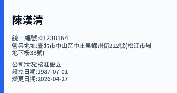 陳漢清的照片-統編 01238164(臺北市) 公司登記資料與營業項目詳細圖表