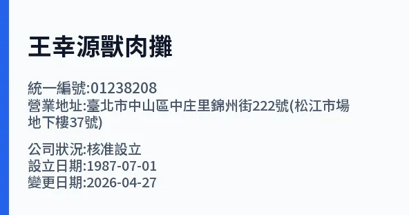 王幸源獸肉攤的照片-統編 01238208(臺北市) 公司登記資料與營業項目詳細圖表