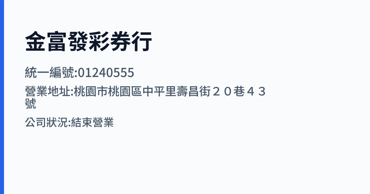 金富發彩券行 - 統編 01240555(桃園市) 公司登記資料與營業項目詳細圖表