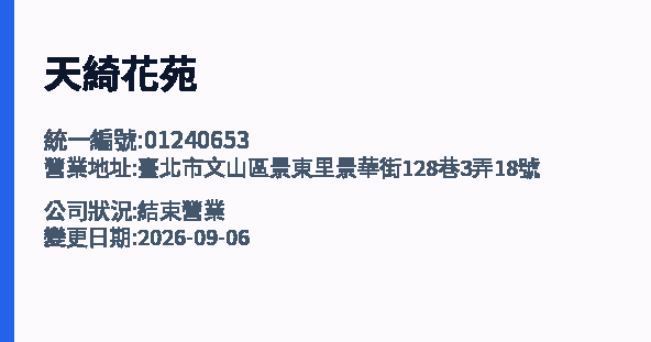 天綺花苑的照片-統編 01240653(臺北市) 公司登記資料與營業項目詳細圖表