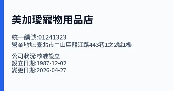 美加璦寵物用品店的照片-統編 01241323(臺北市) 公司登記資料與營業項目詳細圖表