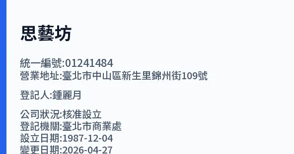 思藝坊的照片-統編 01241484(臺北市) 公司登記資料與營業項目詳細圖表