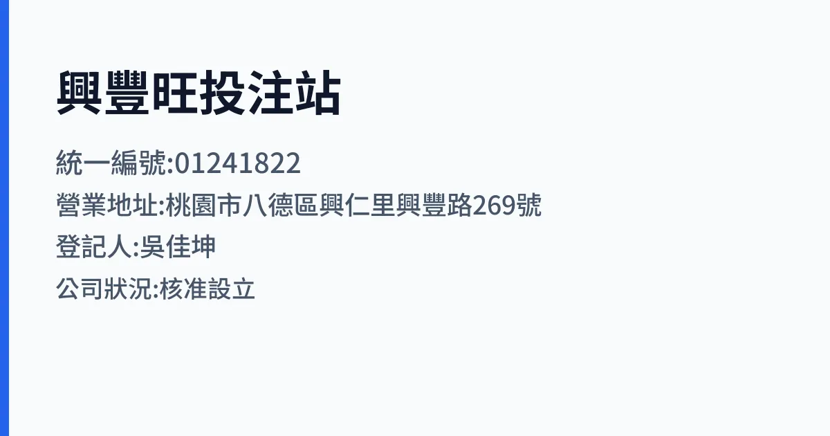 興豐旺投注站 - 統編 01241822(桃園市) 公司登記資料與營業項目詳細圖表