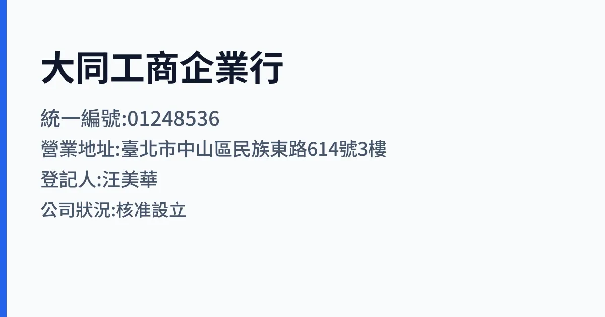 大同工商企業行 - 統編 01248536(臺北市) 公司登記資料與營業項目詳細圖表
