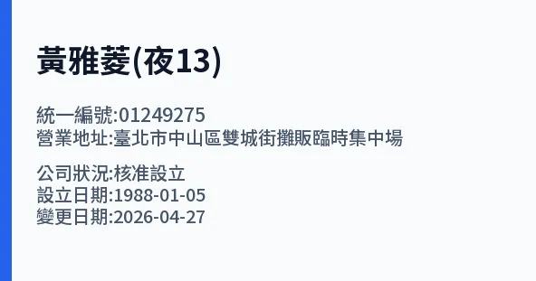 黃雅菱(夜13)的照片-統編 01249275(臺北市) 公司登記資料與營業項目詳細圖表
