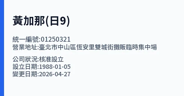 黃加那(日9)的照片-統編 01250321(臺北市) 公司登記資料與營業項目詳細圖表