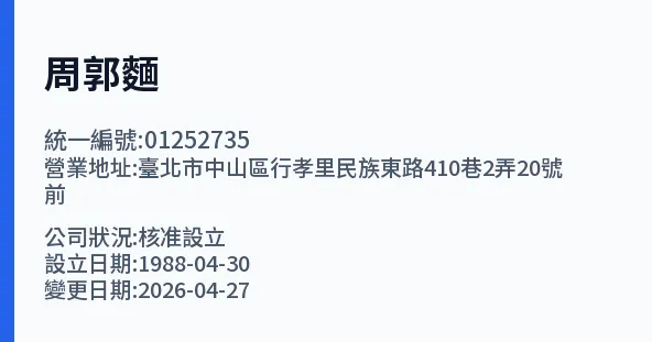 周郭麵的照片-統編 01252735(臺北市) 公司登記資料與營業項目詳細圖表