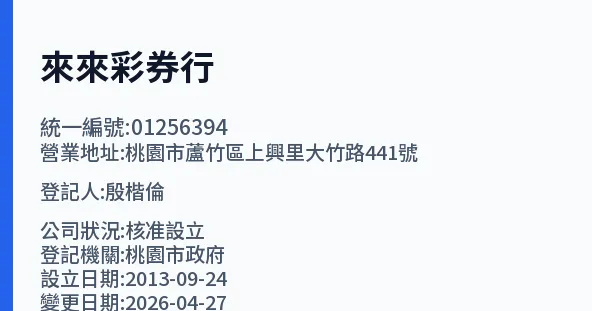 來來彩券行的照片-統編 01256394(桃園市) 公司登記資料與營業項目詳細圖表