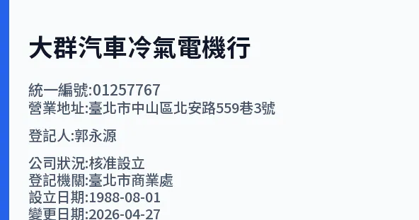 大群汽車冷氣電機行的照片-統編 01257767(臺北市) 公司登記資料與營業項目詳細圖表