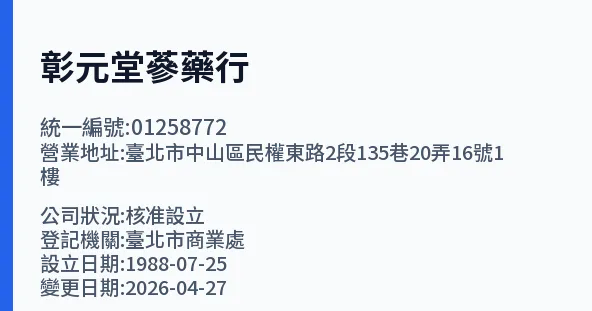 彰元堂蔘藥行的照片-統編 01258772(臺北市) 公司登記資料與營業項目詳細圖表