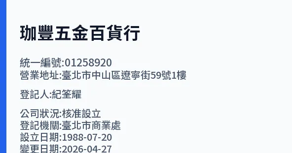 珈豐五金百貨行的照片-統編 01258920(臺北市) 公司登記資料與營業項目詳細圖表
