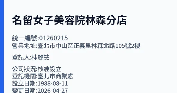 名留女子美容院林森分店的照片-統編 01260215(臺北市) 公司登記資料與營業項目詳細圖表