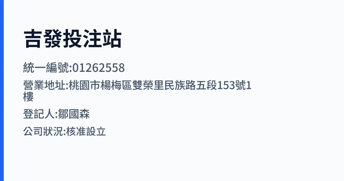 吉發投注站 - 統編 01262558(桃園市) 公司登記資料與營業項目詳細圖表