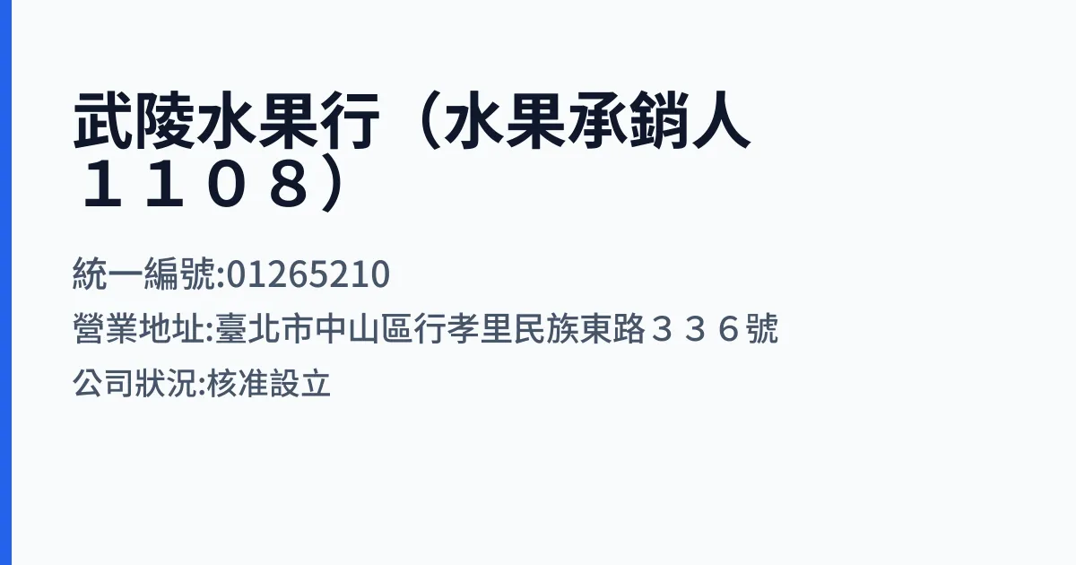 武陵水果行(水果承銷人1108) - 統編 01265210(臺北市) 公司登記資料與營業項目詳細圖表