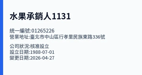 水果承銷人1131的照片-統編 01265226(臺北市) 公司登記資料與營業項目詳細圖表