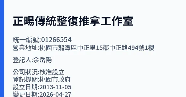 正暘傳統整復推拿工作室的照片-統編 01266554(桃園市) 公司登記資料與營業項目詳細圖表