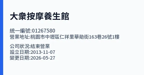 大衆按摩養生館的照片-統編 01267580(桃園市) 公司登記資料與營業項目詳細圖表