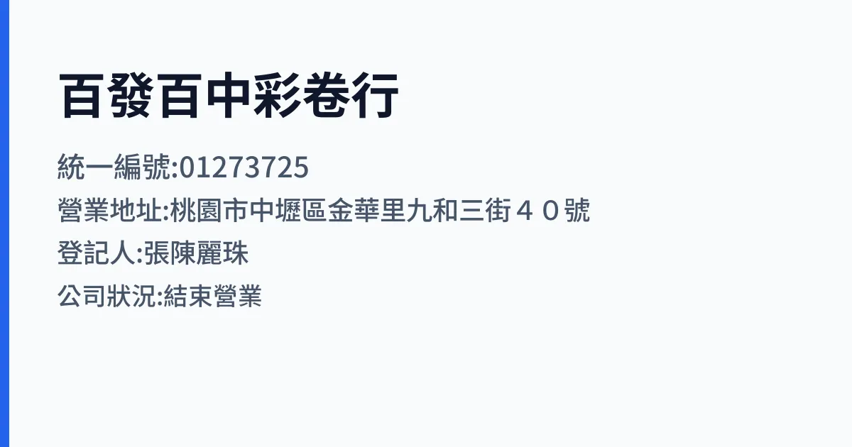 百發百中彩卷行 - 統編 01273725(桃園市) 公司登記資料與營業項目詳細圖表
