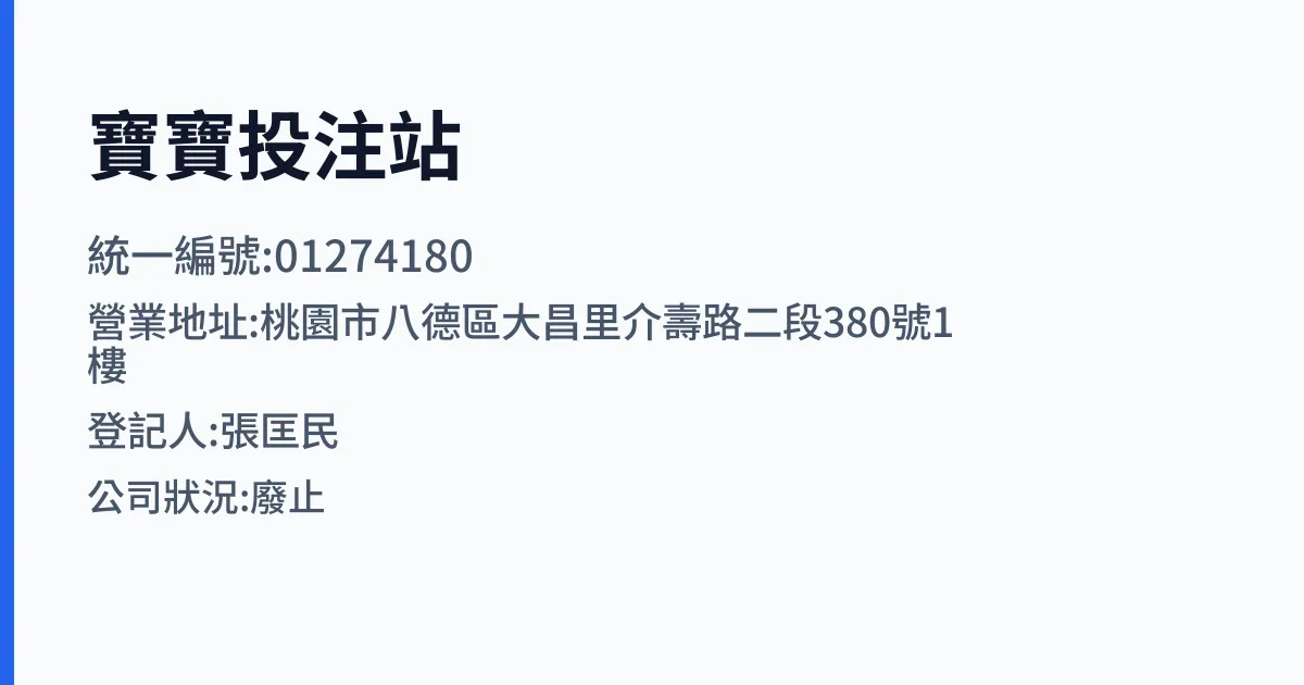 寶寶投注站 - 統編 01274180(桃園市) 公司登記資料與營業項目詳細圖表