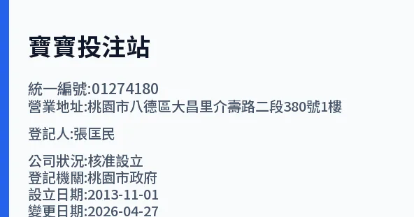 寶寶投注站的照片-統編 01274180(桃園市) 公司登記資料與營業項目詳細圖表