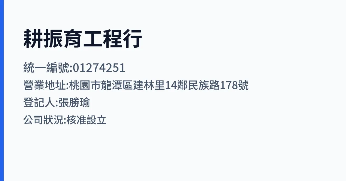 耕振育工程行 - 統編 01274251(桃園市) 公司登記資料與營業項目詳細圖表