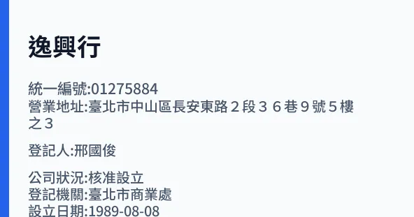 逸興行的照片-統編 01275884(臺北市) 公司登記資料與營業項目詳細圖表