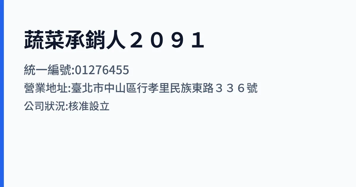 蔬菜承銷人２０９１ - 統編 01276455（臺北市） 公司登記資料與營業項目詳細圖表
