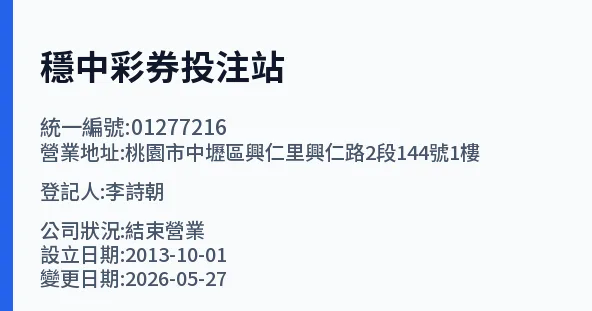 穩中彩券投注站的照片-統編 01277216(桃園市) 公司登記資料與營業項目詳細圖表