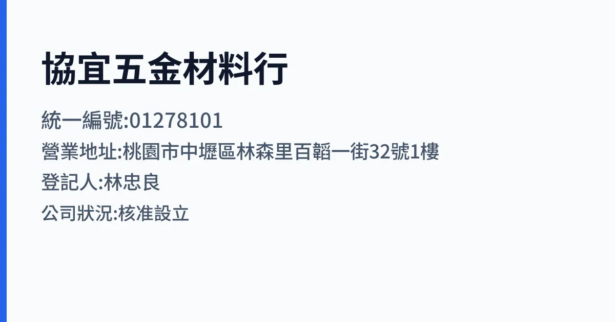 協宜五金材料行 - 統編 01278101（桃園市） 公司登記資料與營業項目詳細圖表