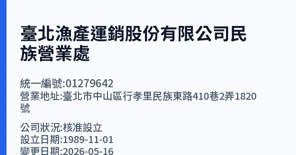 臺北漁產運銷股份有限公司民族營業處的照片-統編 01279642(臺北市) 公司登記資料與營業項目詳細圖表