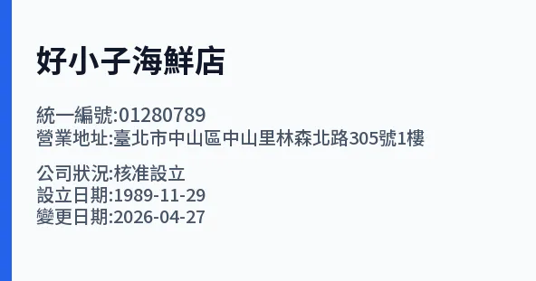 好小子海鮮店的照片-統編 01280789(臺北市) 公司登記資料與營業項目詳細圖表
