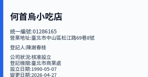 何首烏小吃店的照片-統編 01286165(臺北市) 公司登記資料與營業項目詳細圖表
