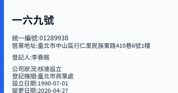 一六九號的照片-統編 01289938(臺北市) 公司登記資料與營業項目詳細圖表