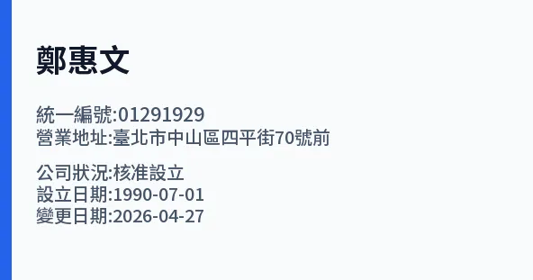 鄭惠文的照片-統編 01291929(臺北市) 公司登記資料與營業項目詳細圖表