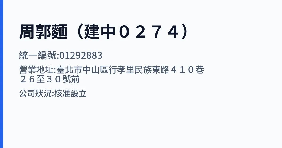 周郭麵（建中０２７４） - 統編 01292883(臺北市) 公司登記資料與營業項目詳細圖表