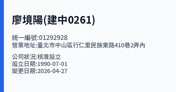 廖境陽(建中0261)的照片-統編 01292928(臺北市) 公司登記資料與營業項目詳細圖表