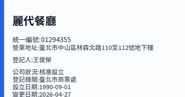 麗代餐廳的照片-統編 01294355(臺北市) 公司登記資料與營業項目詳細圖表