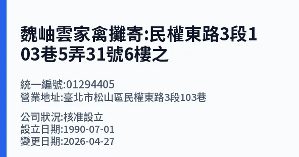 魏岫雲家禽攤寄:民權東路3段103巷5弄31號6樓之的照片-統編 01294405(臺北市) 公司登記資料與營業項目詳細圖表